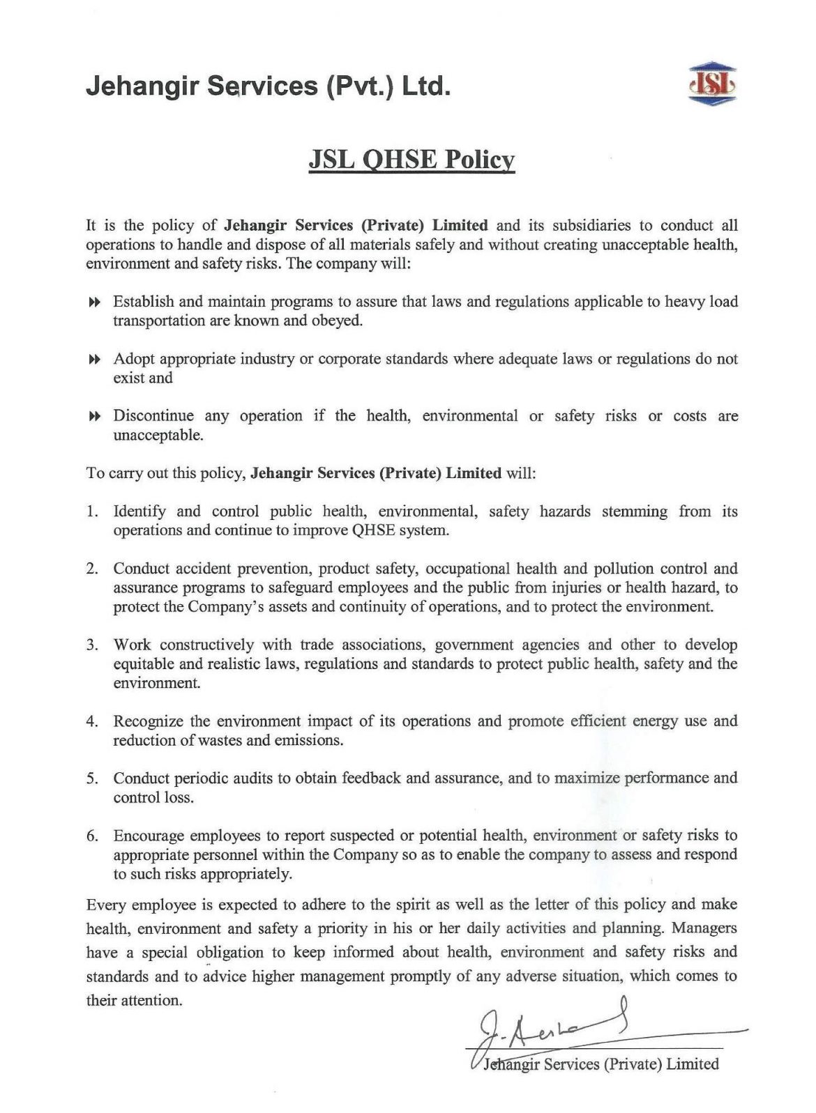 QHSE Policy – Jehangir Services (Pvt) Ltd